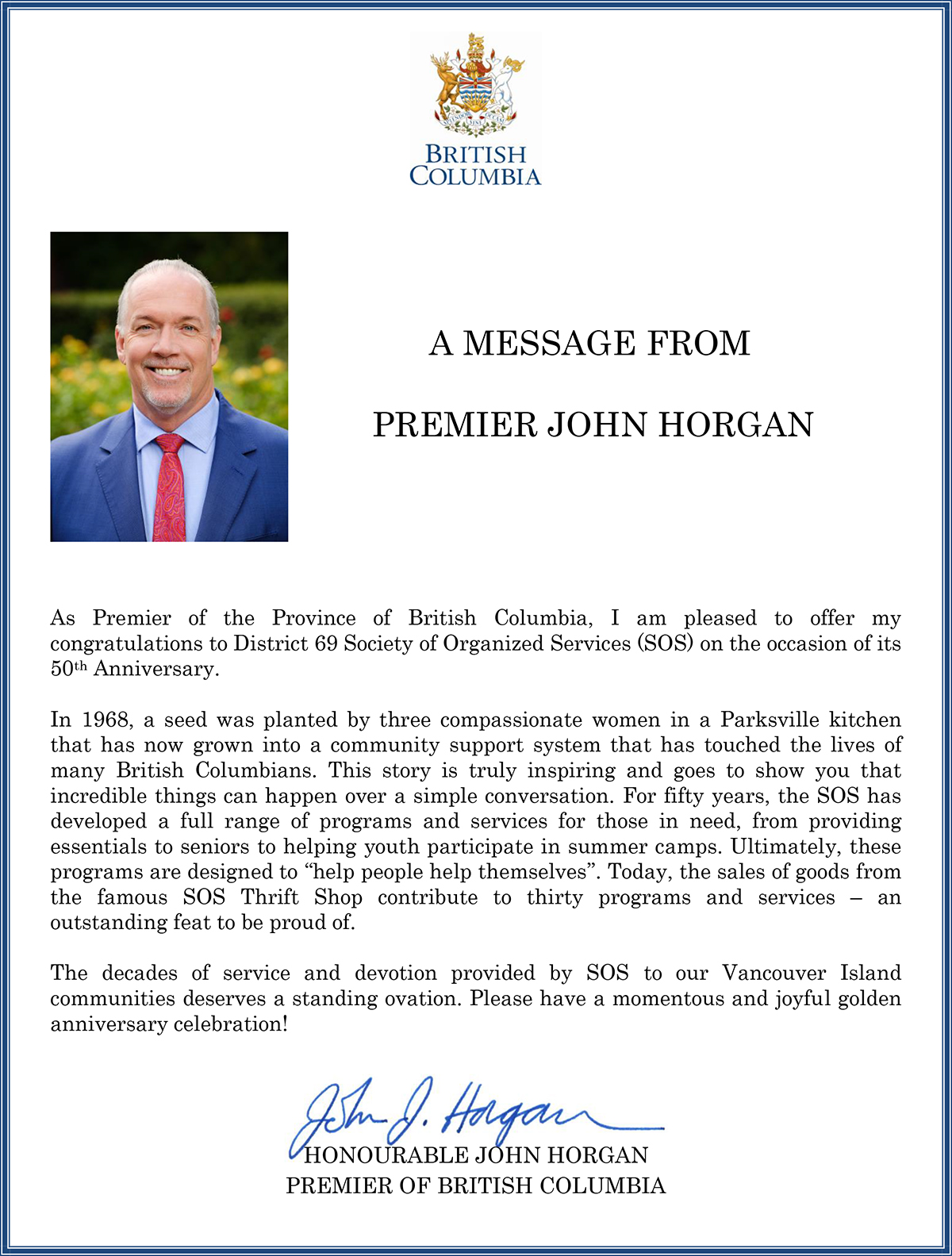 Letter from the Premier - SOS - Society of Organized Services